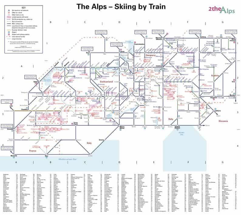 The Alps - Skiing by Train with Index - Small by 2theAlps - The Map Shop
