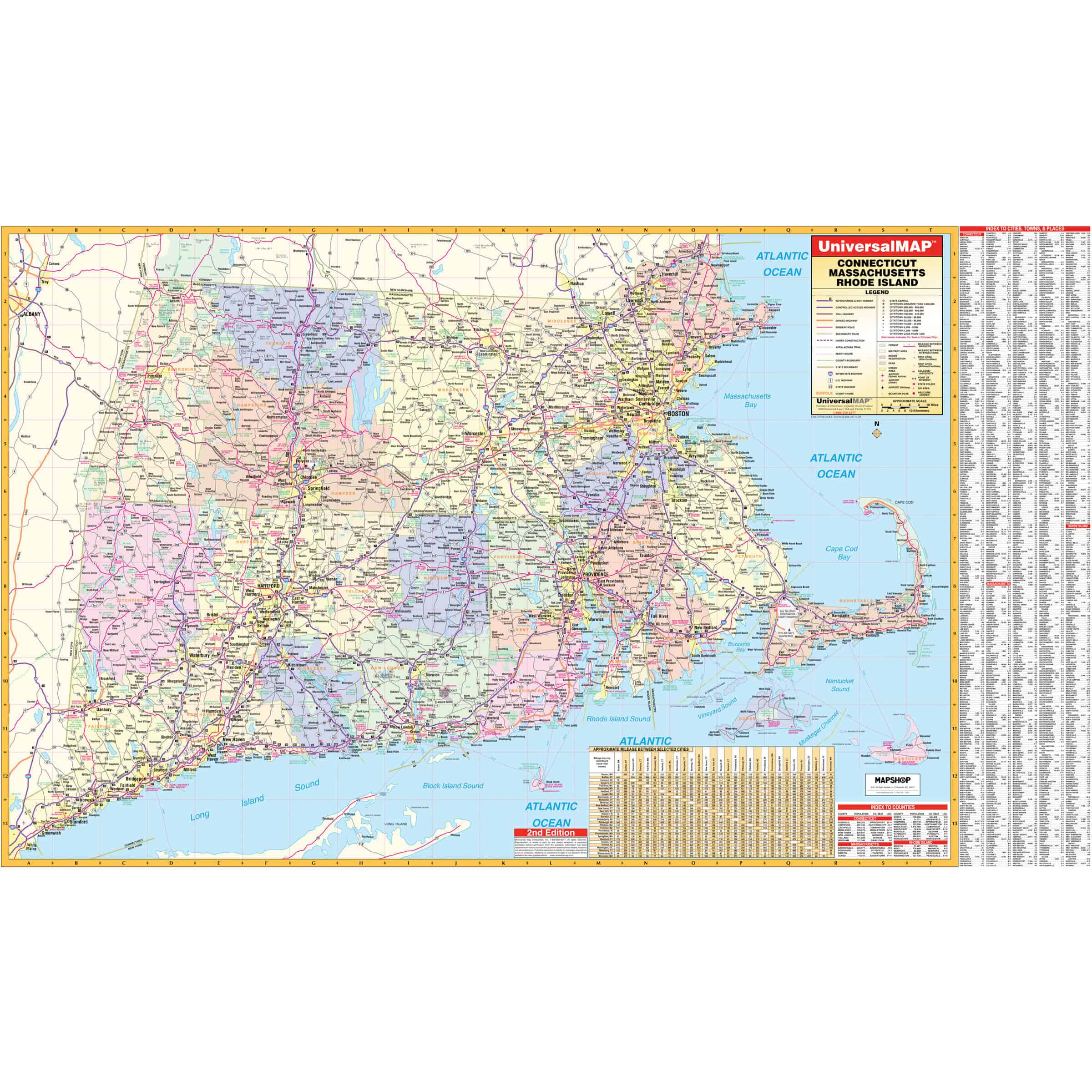 CT, RI & Massachusetts Wall Map by Kappa | Map Shop