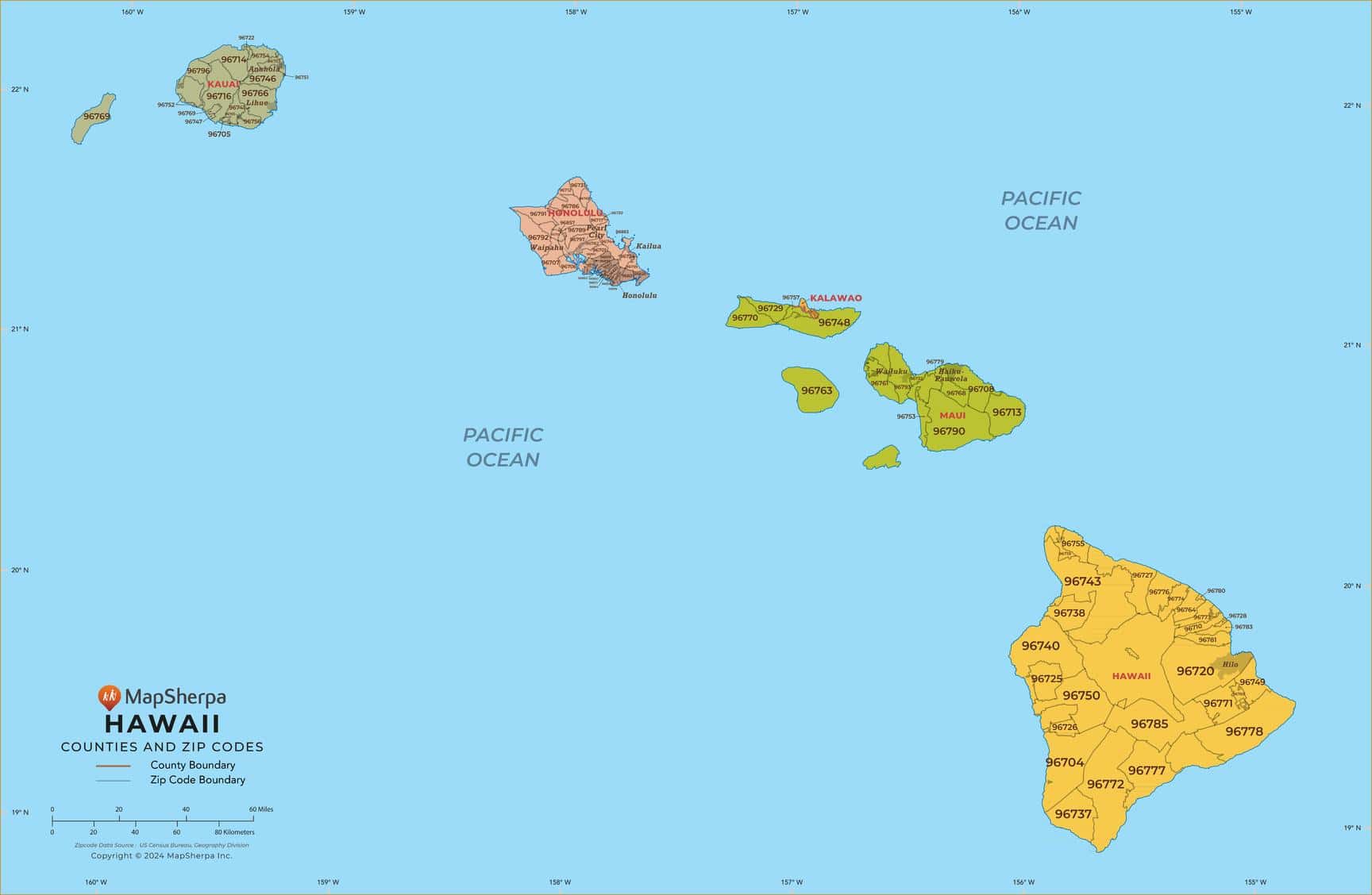 Hawaii Zip Codes with Counties Wall Map by MapSherpa - The Map Shop