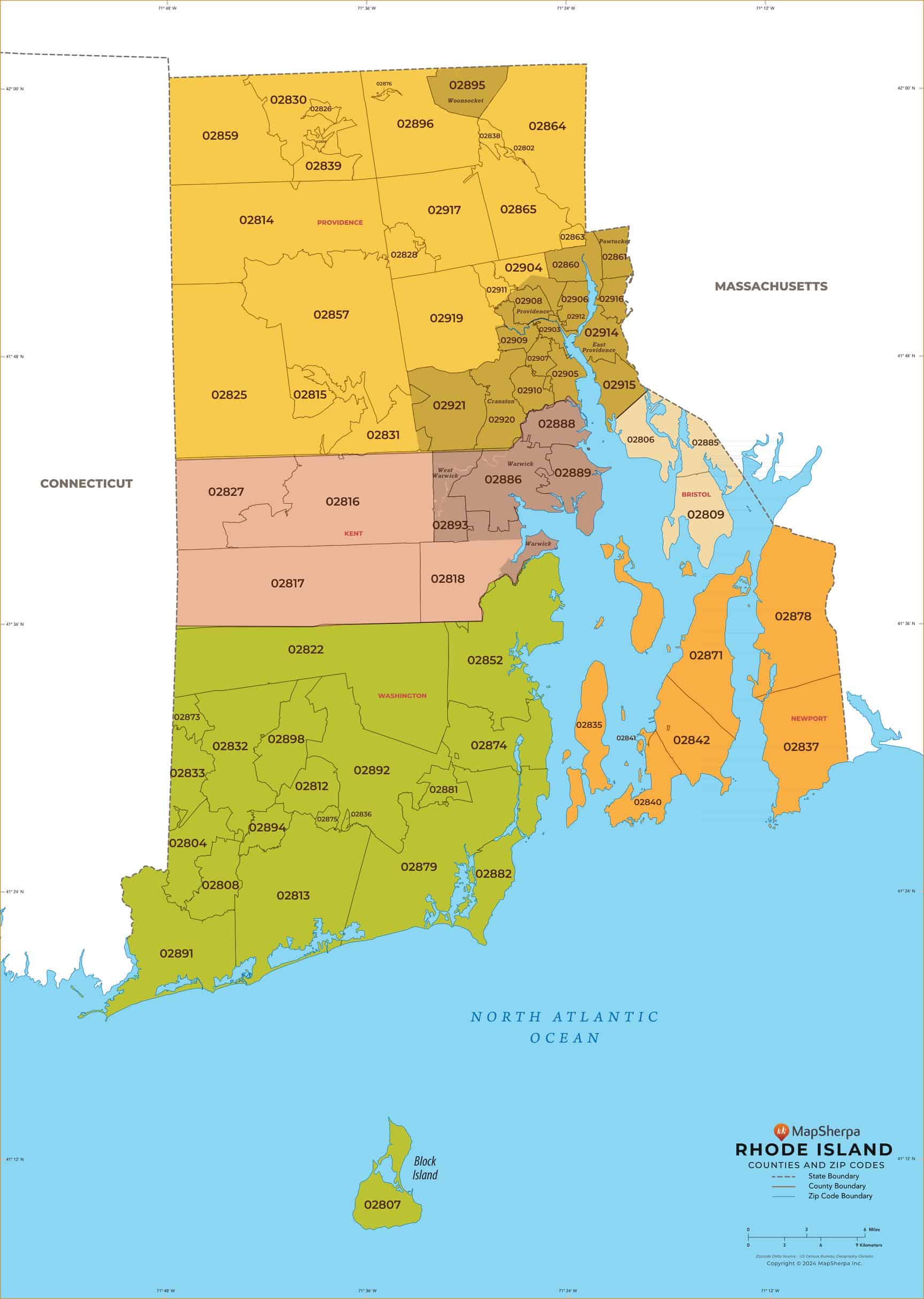 Rhode Island Zip Codes with Counties Wall Map - MapSherpa