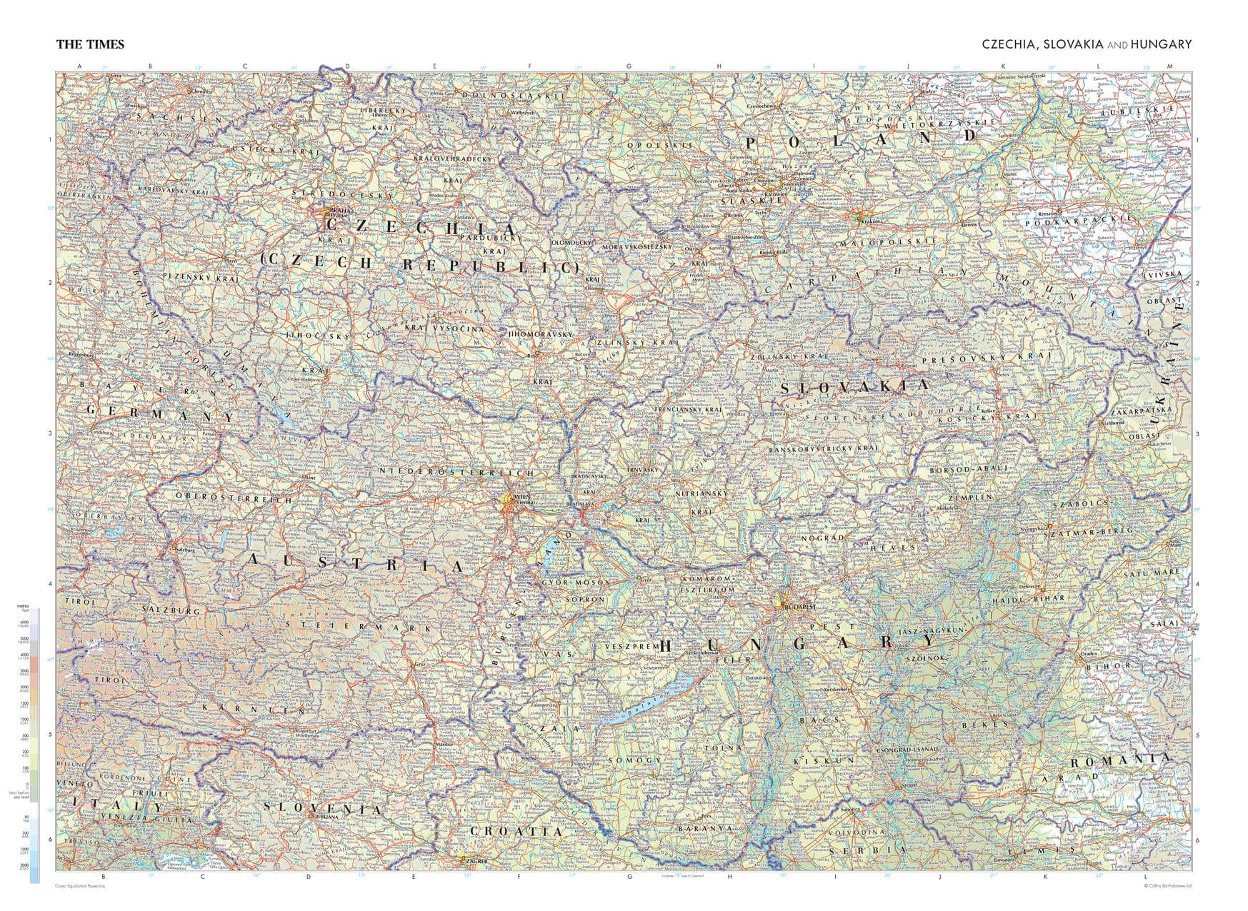 Czechia, Slovakia and Hungary Wall Map by The Times - The Map Shop