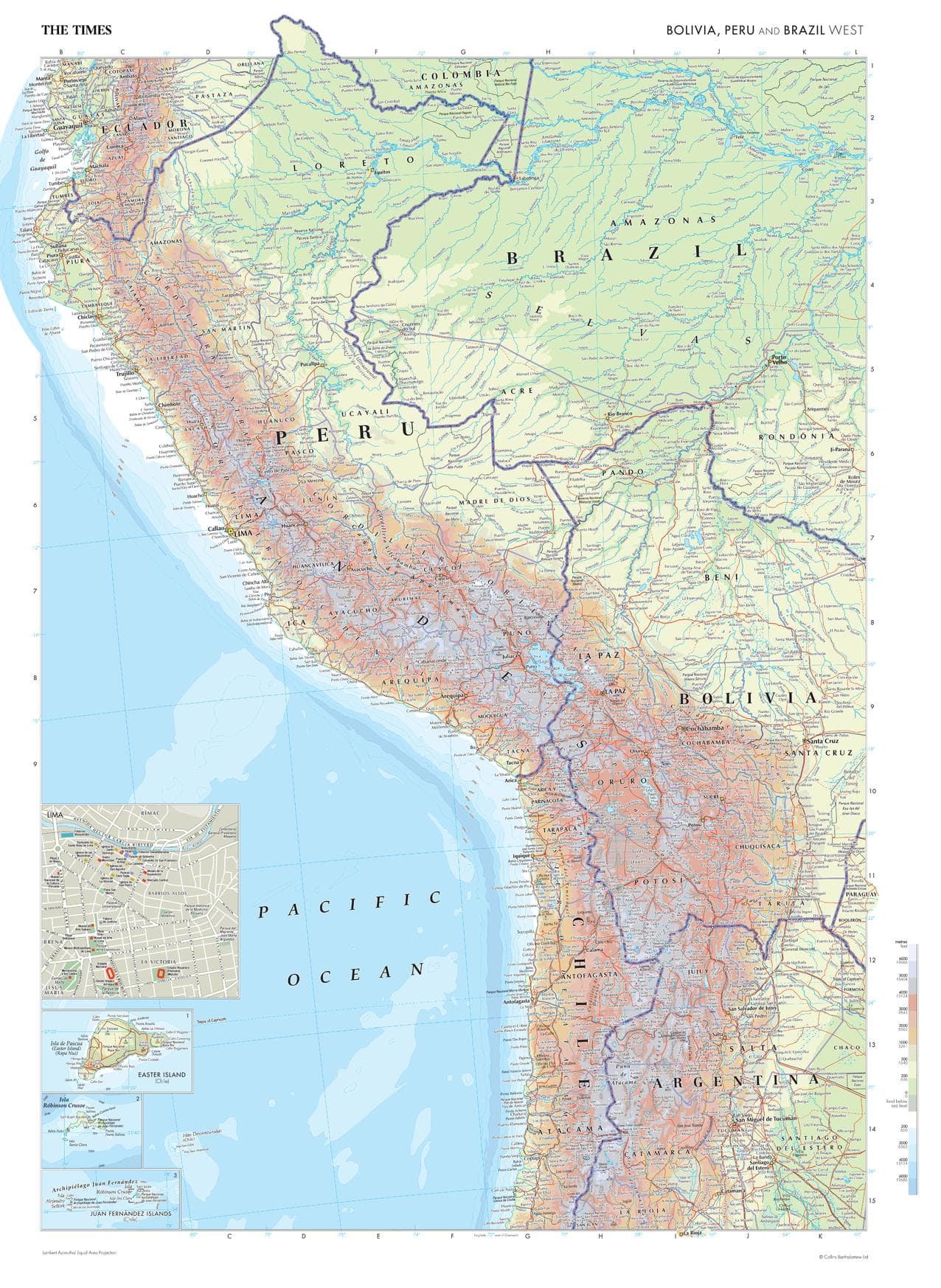 Bolivia, Peru, and Brazil (West) Wall Map by The Times - The Map Shop