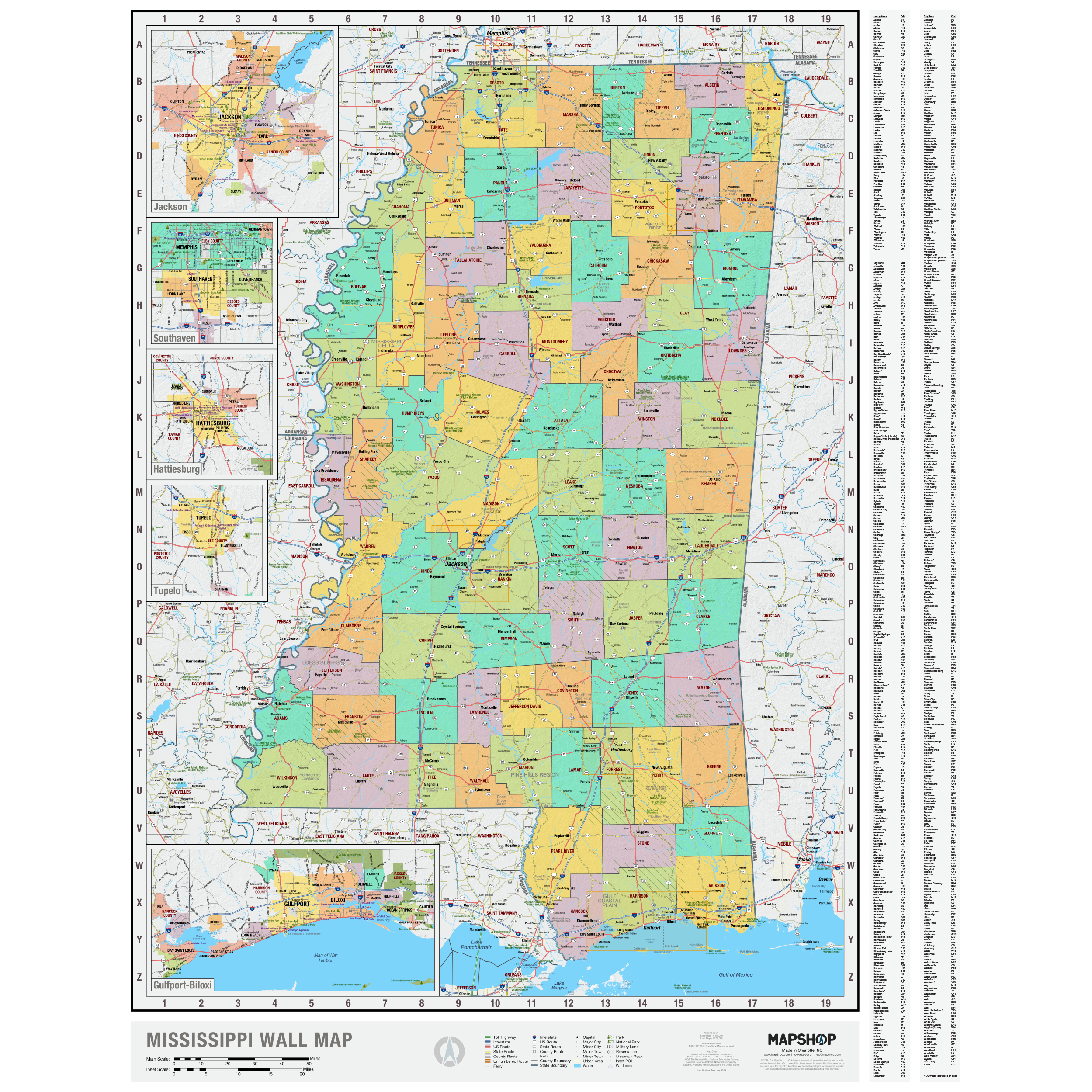 Mississippi Wall Map w/Multi-Color Counties by MapShop - The Map Shop